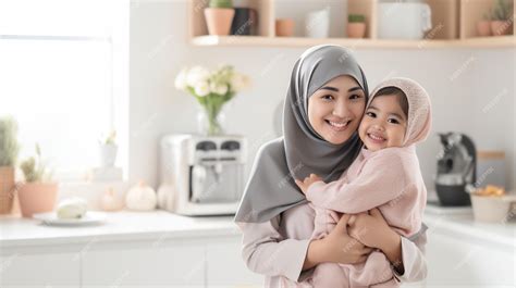 Portrait Of Happy Muslim Woman In Hijab And Her Daughter Hugging And