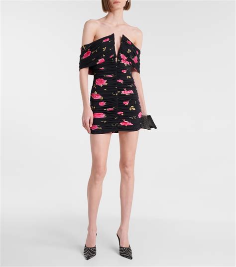 Off Shoulder Floral Ruched Minidress In Black Magda Butrym Mytheresa