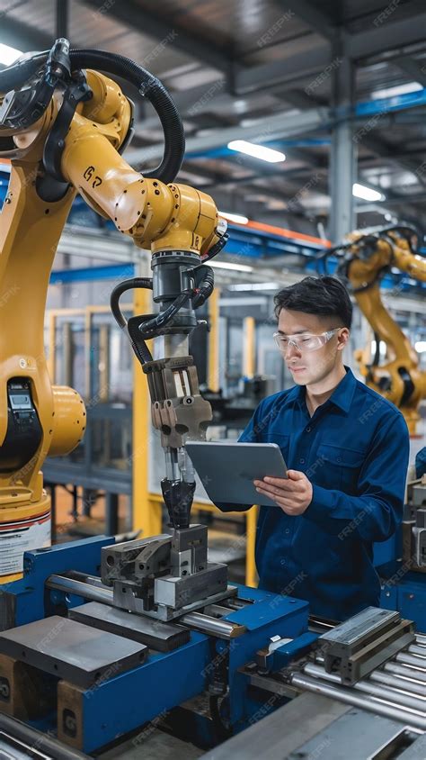 Asian Male Engineer Using Tablet Computer To Control A Robotic Arm At A Metal Components