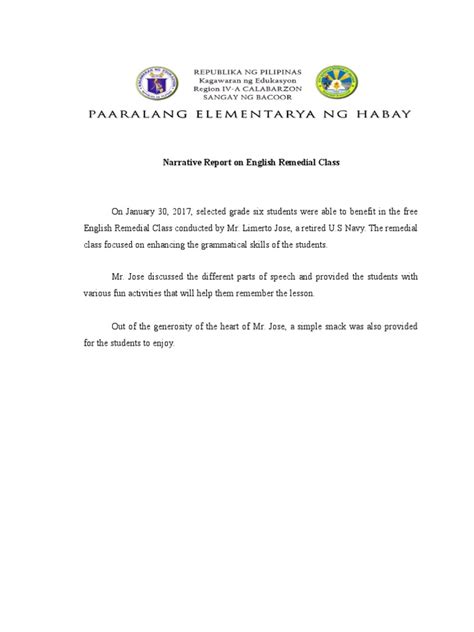 Narrative Report On English Remedial Class Pdf