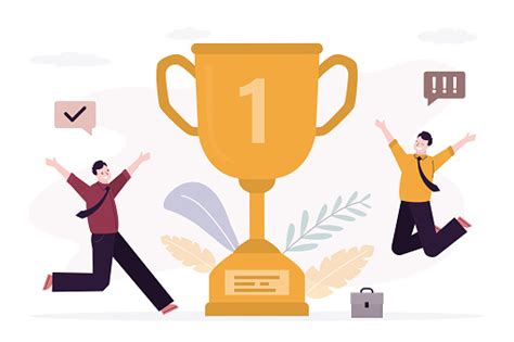 골든 컵 근처에서 축하하는 행복한 우승자 팀 비즈니스 그룹은 큰 성공을 거두었으며 수상 또는 보너스를 받았습니다 목표 달성 경쟁 승리 수상 Championship에 대한