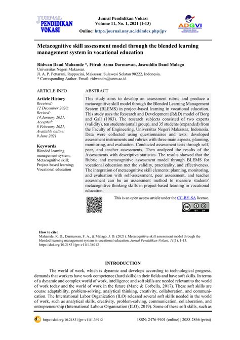 Pdf Metacognitive Skill Assessment Model Through The Blended Learning