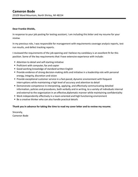 Testing Assistant Cover Letter Velvet Jobs