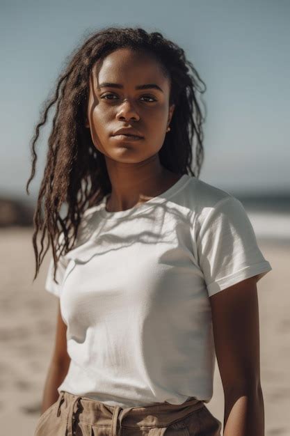 Premium Ai Image A Woman Wearing A White T Shirt Stands On A Beach