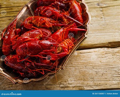 Fresh Boiled Crayfish In A Dish On A Simple Wooden Table Ready To Eat