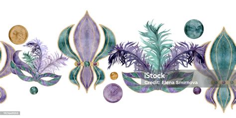 손으로 그린 수채화 마디 그라 카니발 기호 극장 가장 무도회 마스크 깃털 Fleur De Lis 프랑스 백합 아이리스 구슬 흰색