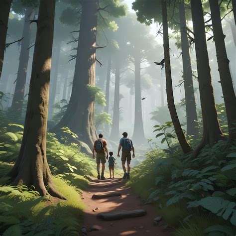 Premium Photo A Father And Son Walking In The Forest With A Bird Flying Above Them