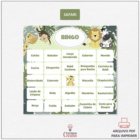 Bingo De Chá De Bebê Safari Estúdio Creatus