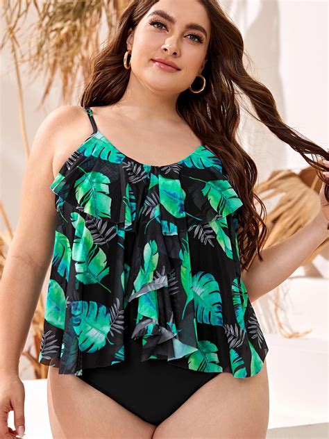 Vigojany 2023 Leaf Print Plus Size Tankini Swimwear Women Large High