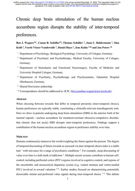 Pdf Chronic Deep Brain Stimulation Of The Human Nucleus Accumbens