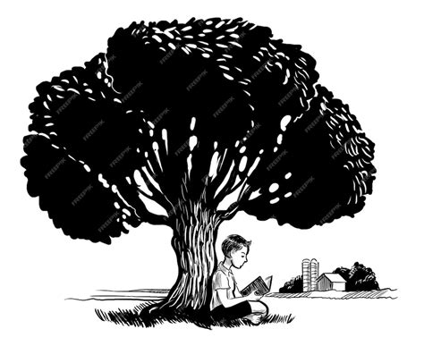 Menino Lendo Um Livro Debaixo Da árvore Ilustração Em Preto E Branco