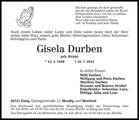 Traueranzeigen Von Gisela Durben Rz Trauer De