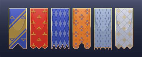 문장 요소가 있는 플래그의 격리된 벡터 집합입니다 수직 깃발 또는 금색 프레임이 있는 배너의 패브릭 템플릿입니다 로얄 페넌트 패턴이 있는 토너먼트 깃발 추상적 인 기하학적