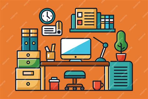 A Computer Desk With A Clock And A Clock On The Wall Premium Ai Generated Vector