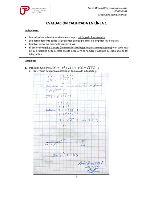 UTP Evaluación Calificada en linea Curso Matemtica para Ingenieros I G T Modalidad