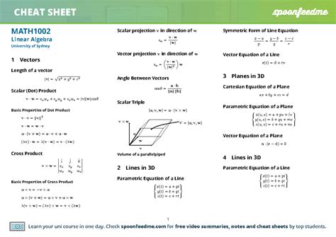 Math1002 Linear Algebra Cheatsheet Math Linear Algebra University Of