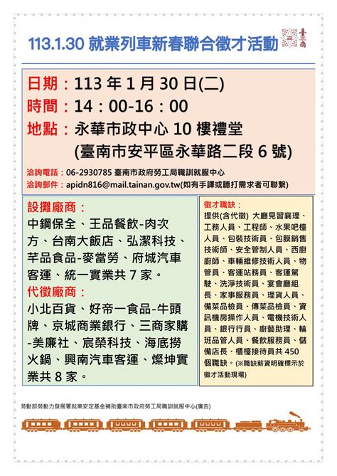 113130二勞工局職訓就服中心辦理『113130就業列車新春聯合徵才活動』，歡迎求職民眾踴躍參加 【快讀版】台南新聞