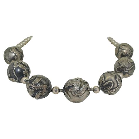 Antique Sterling Silver Chinese Dragon Ball Bead Necklace For Sale At