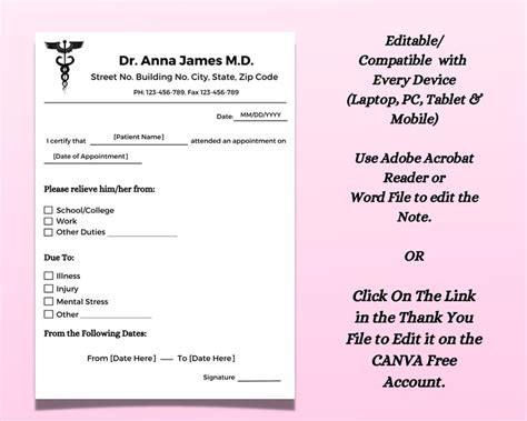 Fillable Doctor Excuse Note Doctors Note For Work Work Excuse Template