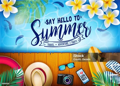 여름 여행에 인사 모험 물고기와 여름 휴가 포스터 디자인에서 파티 메시지 꽃 야자수 잎 3차원 형태에 대한 스톡 벡터 아트 및 기타 이미지 Istock