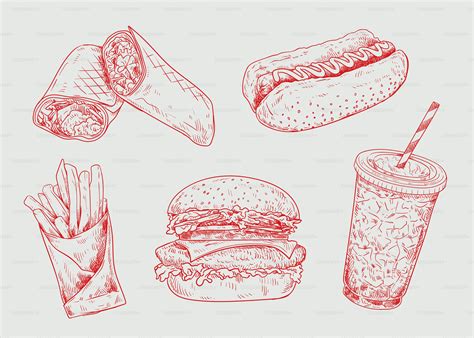 맛있는 패스트 푸드 스케치가 빨간색으로 표시됩니다 벡터 Unsplash의 패스트 푸드 이미지