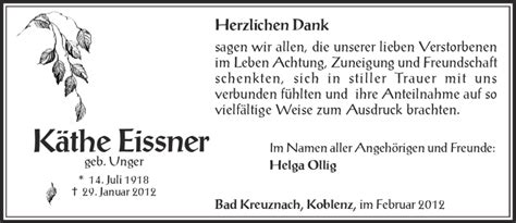 Traueranzeigen Von Käthe Eissner Rz Trauer De
