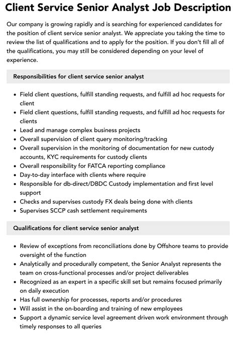 Client Service Senior Analyst Job Description Velvet Jobs