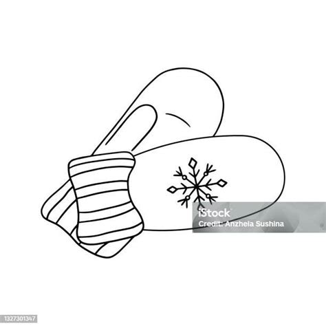 겨울 따뜻한 의류 패션 액세서리 눈송이 장갑 한 켤레 만화 개요 벡터 요소 격리 색칠 페이지 컬러링 북 페이지 일러스트레이션