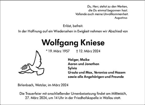 Traueranzeigen Von Wolfgang Kniese Vrm Trauerde