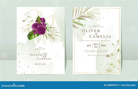 Purple Watercolor Roses Wedding Invitation Card Template Set Stock