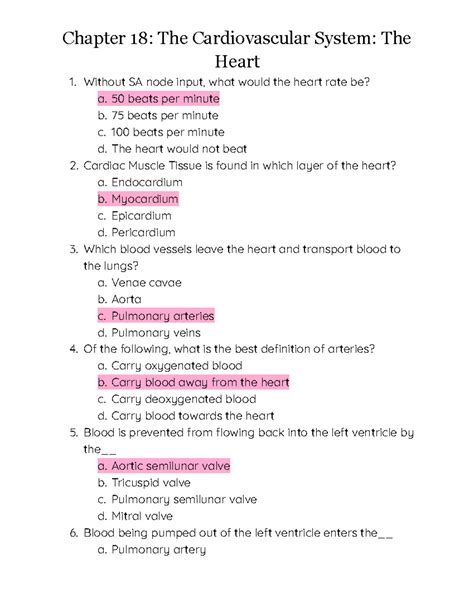 Chapter 18 Anatomy Of The Cardiovascular System Worksheet