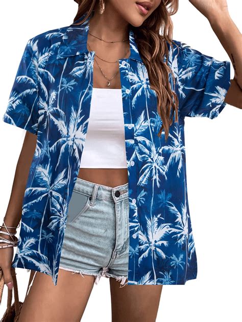 MOUSYA Women S Hawaiian Style Casual Floral Leaves Patterned Shirt Tropical Button Down Summer