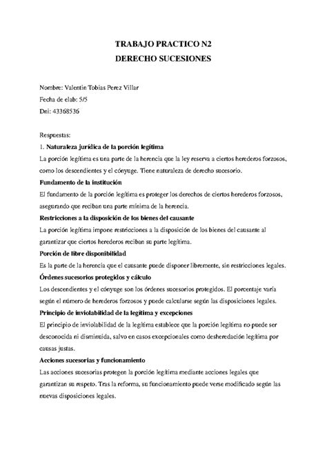 TP 2 Sucesiones TRABAJO PRACTICO N DERECHO SUCESIONES Nombre