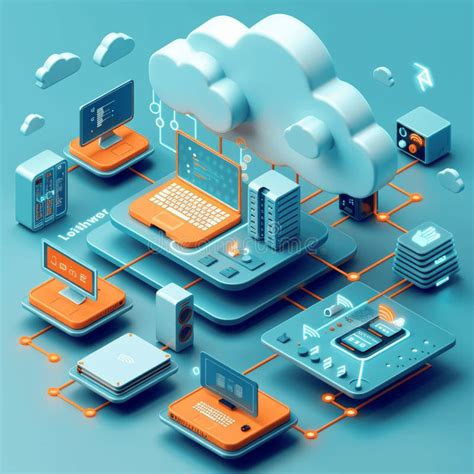 Isometric Cloud Computing Illustration With Data Center And Computers Orange On Blue