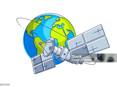 衛星飛行軌道繞地球飛行 通信技術航太器空間站與太陽能電池板和衛星天線板細線3d 向量圖向量圖形及更多互聯網圖片 互聯網 全球定位系統