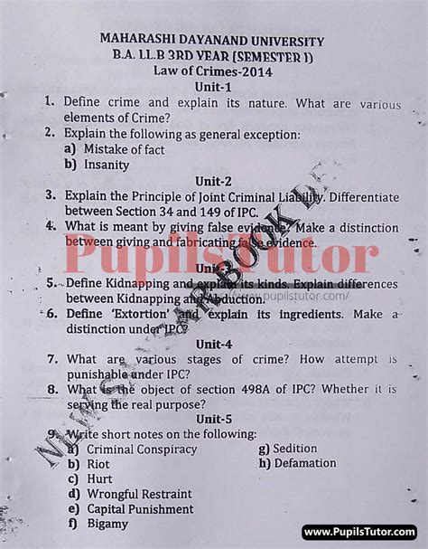 Mdu Llb 1st Semester Law Of Crime Question Paper 2014 Paper Code