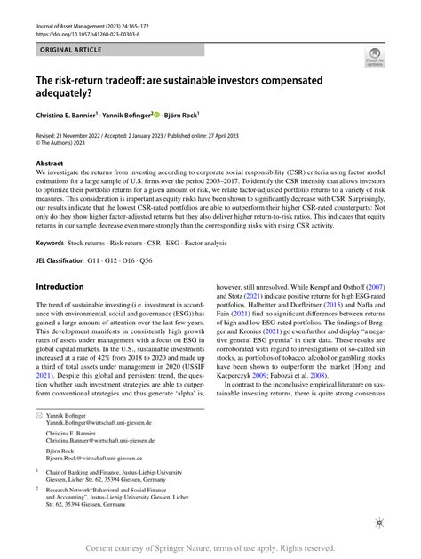 Pdf The Risk Return Tradeoff Are Sustainable Investors Compensated