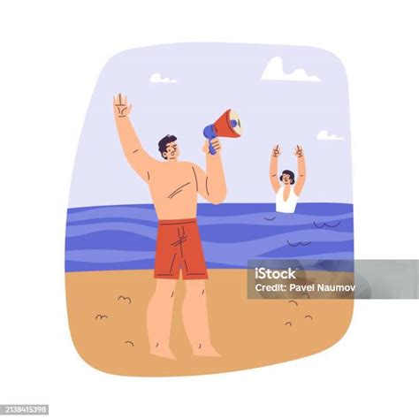 남자 바닷가 인명 구조원 캐릭터 와 메가폰 외침 에 여자 물에 익사하는 것 에서 물 벡터 일러스트 계절에 대한 스톡 벡터 아트 및 기타 이미지 Istock