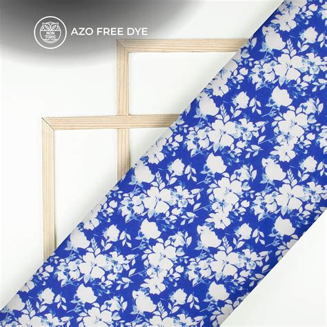 Royal Blue Floral Digital Print Japan Satin Fabric Fabcurate