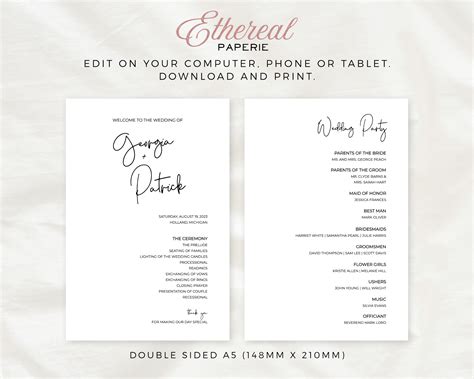 Casual Minimalist Simple Editable Wedding Program Template Two Sizes