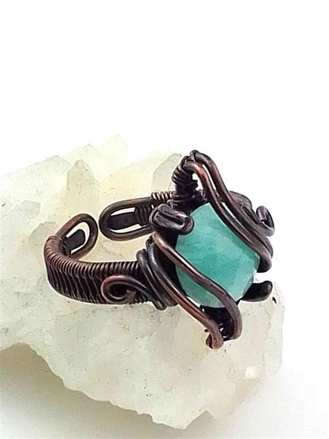 Pierścionek miedziany 19x13 mm z amazonitem rozmiar 17 regulowany