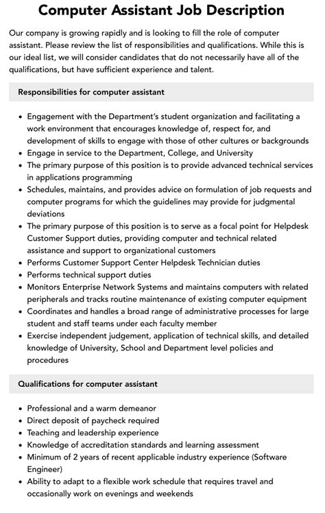 Computer Assistant Job Description Velvet Jobs