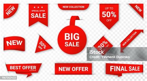 새로운 스티커 판매 태그 및 라벨의 집합입니다 상품 및 프로모션 특별 행사 새로운 컬렉션 할인 등을 위한 쇼핑 스티커 및 배지 사실적인 투명 그림자와 웹 배너에 대 한 빨간