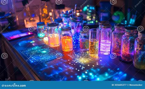 A Sparkling Science Experiment Table With Neatly Labeled Jars And Stock