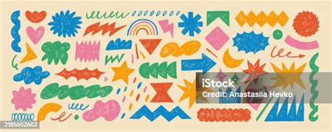 펑키한 추상적인 기하학적 모양과 색색의 크레용으로 그려진 인물 낙서 현대 인물 별 아치 구름 화살표 스티커에 대한 스톡 벡터