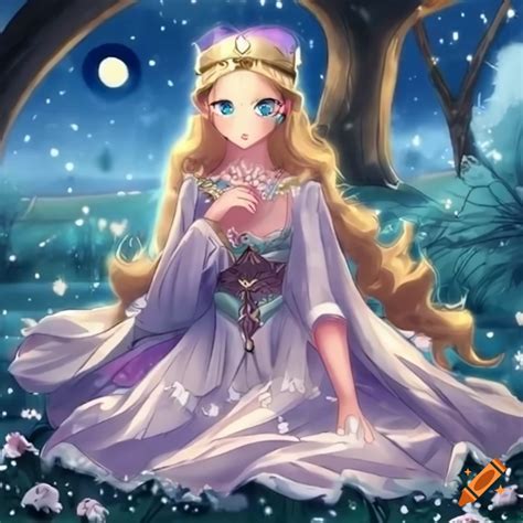 Anime Elven Princess With Brown Hair In A Winter Dreamy Sheep Field