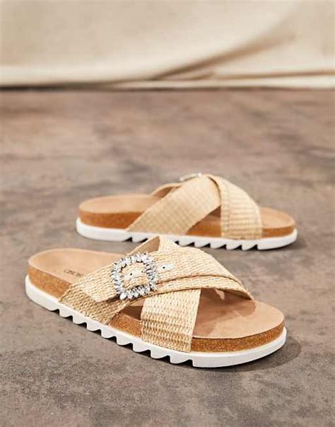 Asos Design Wide Fit Flaunt Sandali Bassi A Pianta Larga In Rafia