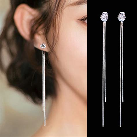 2019 New Fashion Silver Plated Dangle Hanging Gem Stone Rhinestone Long