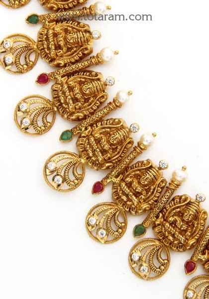 22k Gold Lakshmi Long Necklace With Cz Color Stones And Pearls