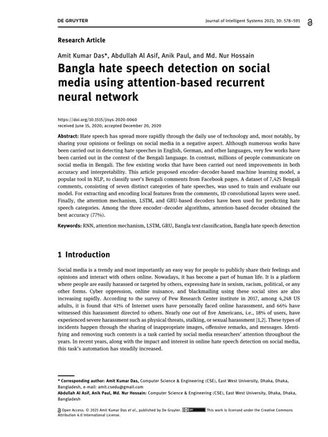 Pdf Bangla Hate Speech Detection On Social Media Using Attention Based Recurrent Neural Network
